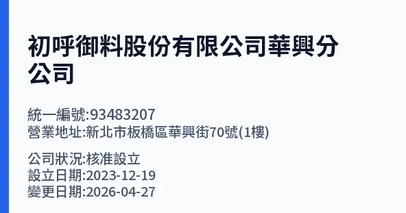 初呼御料股份有限公司華興分公司的照片-統編 93483207(新北市) 公司登記資料與營業項目詳細圖表
