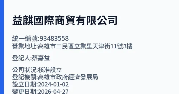 益麒國際商貿有限公司的照片-統編 93483558(高雄市) 公司登記資料與營業項目詳細圖表