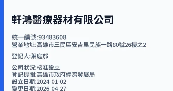 軒鴻醫療器材有限公司的照片-統編 93483608(高雄市) 公司登記資料與營業項目詳細圖表