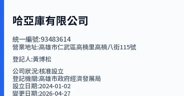 哈亞庫有限公司的照片-統編 93483614(高雄市) 公司登記資料與營業項目詳細圖表