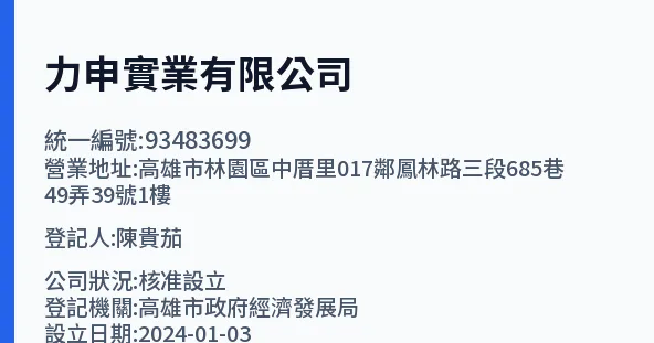 力申實業有限公司的照片-統編 93483699(高雄市) 公司登記資料與營業項目詳細圖表