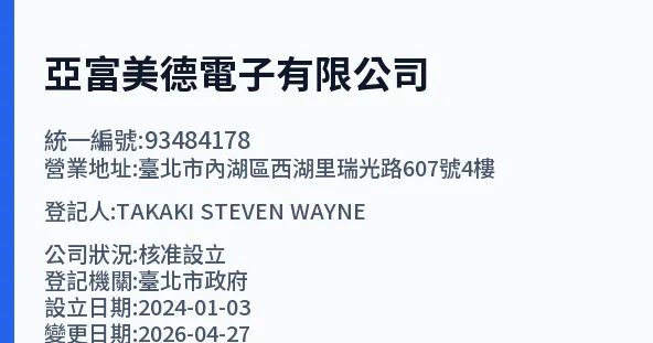 亞富美德電子有限公司的照片-統編 93484178(臺北市) 公司登記資料與營業項目詳細圖表