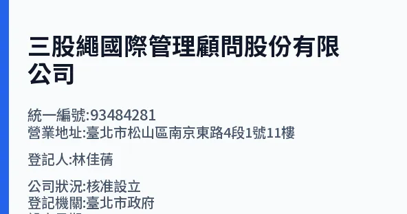 三股繩國際管理顧問股份有限公司的照片-統編 93484281(臺北市) 公司登記資料與營業項目詳細圖表