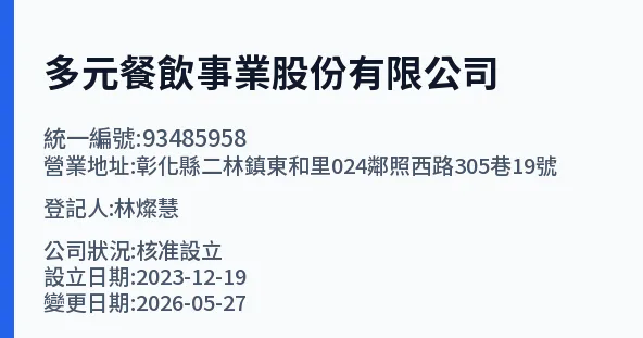 多元餐飲事業股份有限公司的照片-統編 93485958(彰化縣) 公司登記資料與營業項目詳細圖表