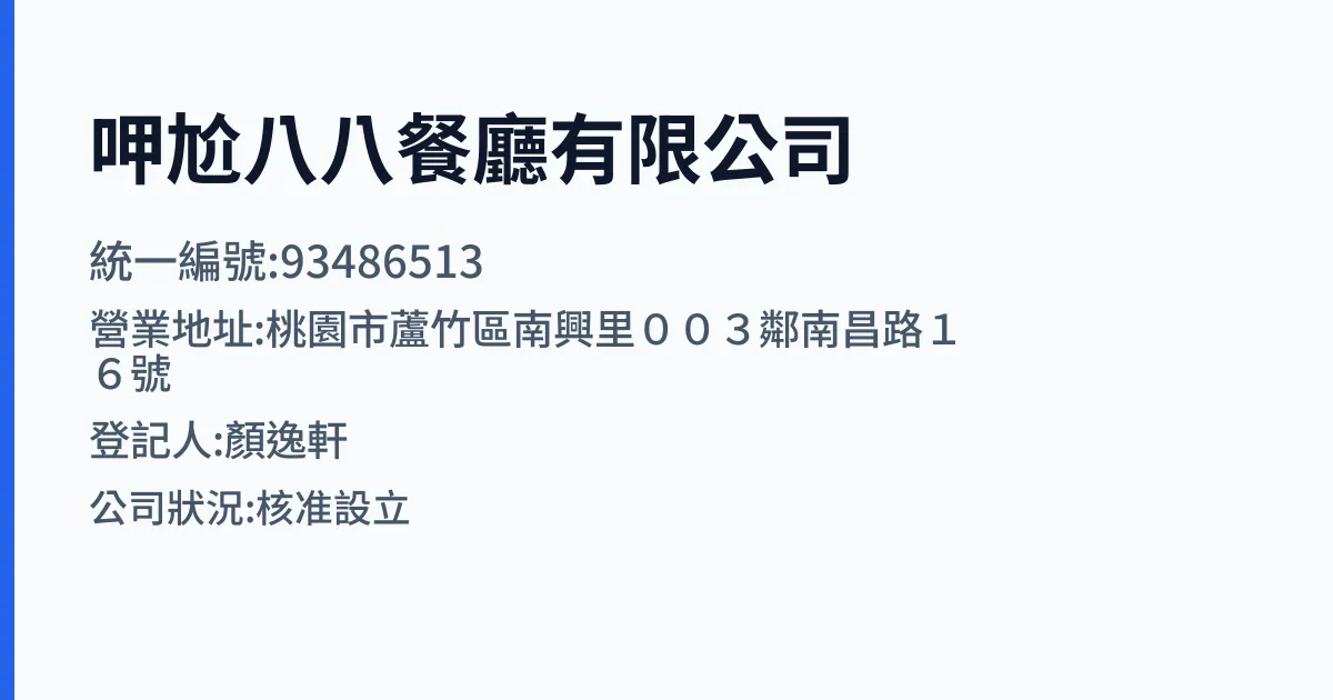呷尬八八餐廳有限公司 - 統編 93486513(桃園市) 公司登記資料與營業項目詳細圖表