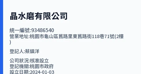 晶水磨有限公司的照片-統編 93486540(桃園市) 公司登記資料與營業項目詳細圖表