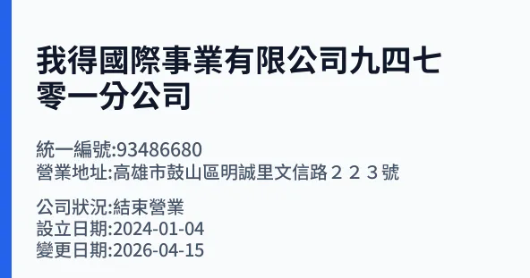 我得國際事業有限公司九四七零一分公司的照片-統編 93486680(高雄市) 公司登記資料與營業項目詳細圖表