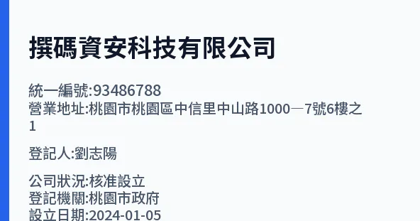 撰碼資安科技有限公司的照片-統編 93486788(桃園市) 公司登記資料與營業項目詳細圖表