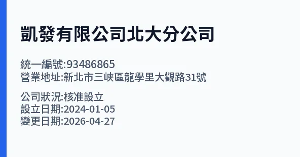凱發有限公司北大分公司的照片-統編 93486865(新北市) 公司登記資料與營業項目詳細圖表
