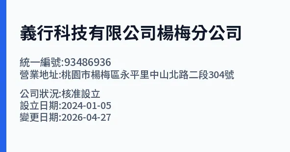 義行科技有限公司楊梅分公司的照片-統編 93486936(桃園市) 公司登記資料與營業項目詳細圖表