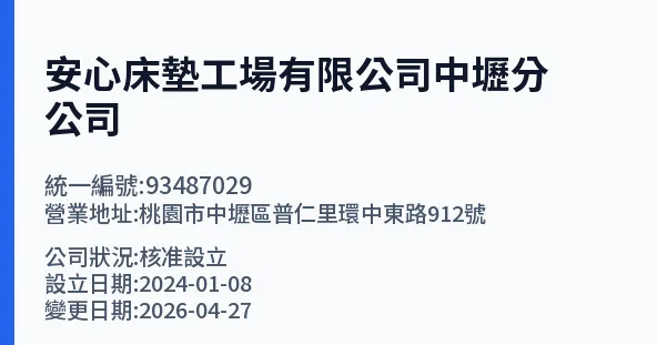 安心床墊工場有限公司中壢分公司的照片-統編 93487029(桃園市) 公司登記資料與營業項目詳細圖表