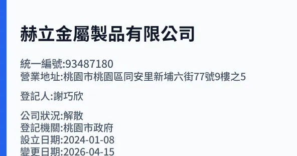 赫立金屬製品有限公司的照片-統編 93487180(桃園市) 公司登記資料與營業項目詳細圖表