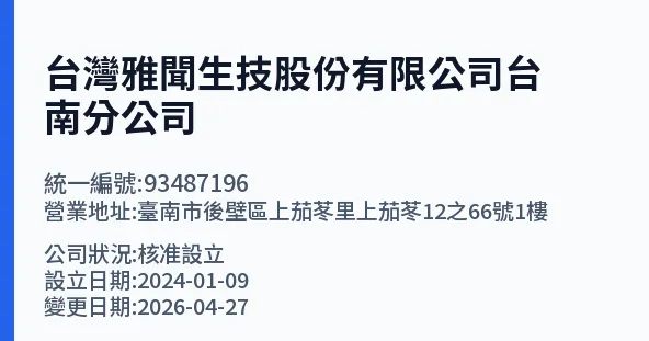 台灣雅聞生技股份有限公司台南分公司的照片-統編 93487196(臺南市) 公司登記資料與營業項目詳細圖表