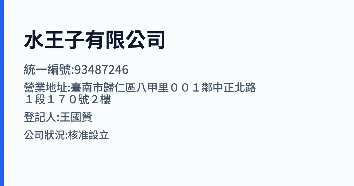 水王子有限公司 - 統編 93487246(臺南市) 公司登記資料與營業項目詳細圖表