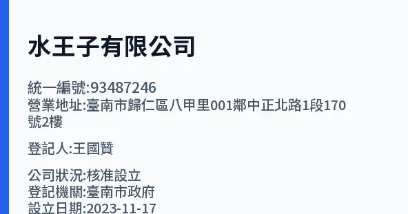 水王子有限公司的照片-統編 93487246(臺南市) 公司登記資料與營業項目詳細圖表