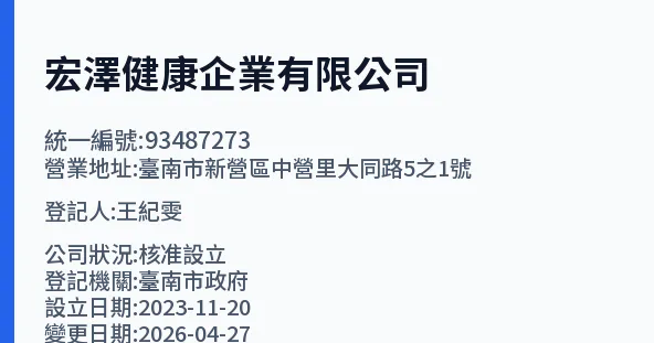 宏澤健康企業有限公司的照片-統編 93487273(臺南市) 公司登記資料與營業項目詳細圖表