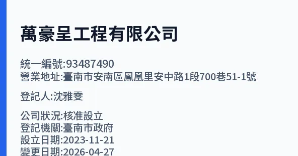 萬豪呈工程有限公司的照片-統編 93487490(臺南市) 公司登記資料與營業項目詳細圖表