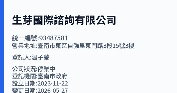 生芽國際諮詢有限公司的照片-統編 93487581(臺南市) 公司登記資料與營業項目詳細圖表