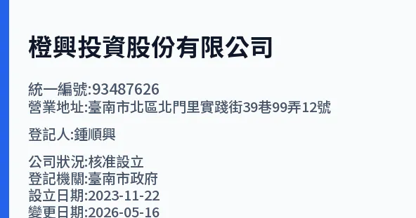 橙興投資股份有限公司的照片-統編 93487626(臺南市) 公司登記資料與營業項目詳細圖表