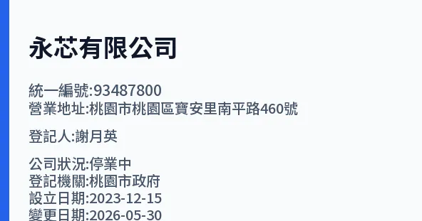 永芯有限公司的照片-統編 93487800(桃園市) 公司登記資料與營業項目詳細圖表