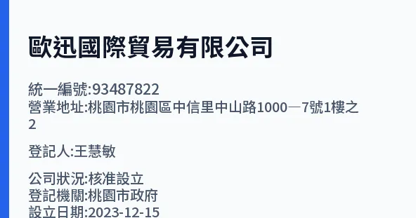 歐迅國際貿易有限公司的照片-統編 93487822(桃園市) 公司登記資料與營業項目詳細圖表