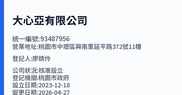 大心亞有限公司的照片-統編 93487956(桃園市) 公司登記資料與營業項目詳細圖表