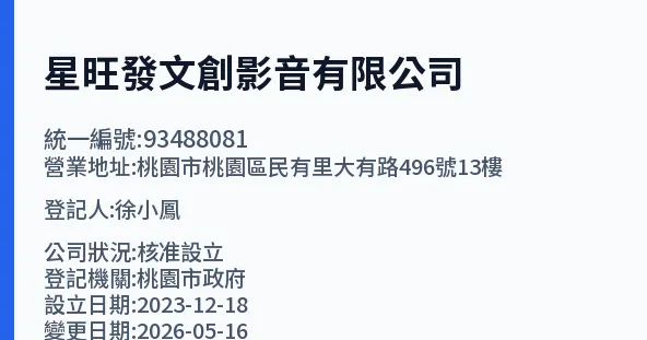 星旺發文創影音有限公司的照片-統編 93488081(桃園市) 公司登記資料與營業項目詳細圖表