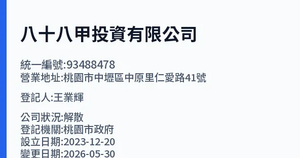 八十八甲投資有限公司的照片-統編 93488478(桃園市) 公司登記資料與營業項目詳細圖表