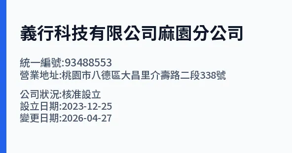 義行科技有限公司麻園分公司的照片-統編 93488553(桃園市) 公司登記資料與營業項目詳細圖表
