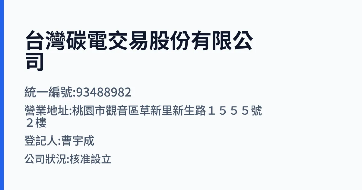 台灣碳電交易股份有限公司 - 統編 93488982(桃園市) 公司登記資料與營業項目詳細圖表