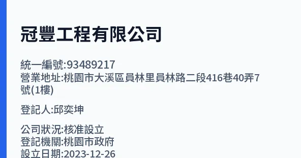冠豐工程有限公司的照片-統編 93489217(桃園市) 公司登記資料與營業項目詳細圖表