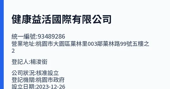 健康益活國際有限公司的照片-統編 93489286(桃園市) 公司登記資料與營業項目詳細圖表