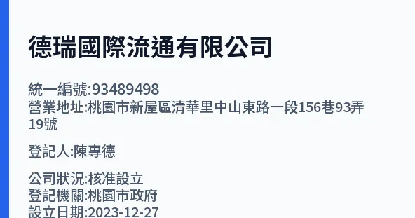 德瑞國際流通有限公司的照片-統編 93489498(桃園市) 公司登記資料與營業項目詳細圖表