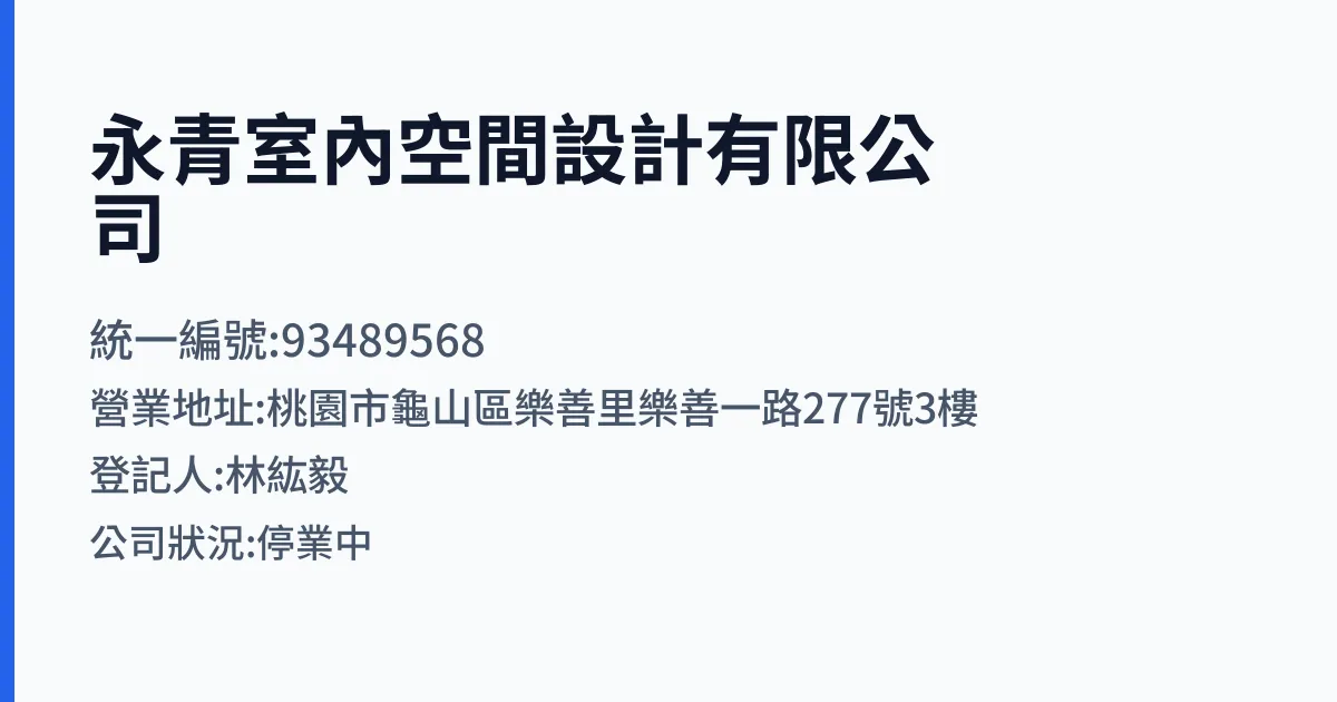 永青室內空間設計有限公司 - 統編 93489568(桃園市) 公司登記資料與營業項目詳細圖表
