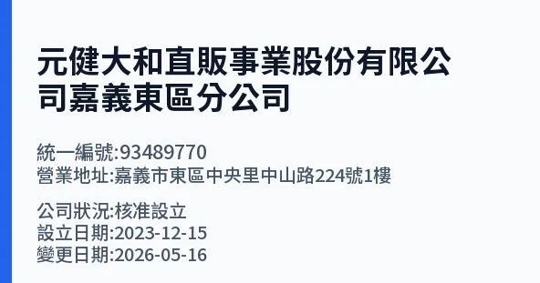 元健大和直販事業股份有限公司嘉義東區分公司的照片-統編 93489770(嘉義市) 公司登記資料與營業項目詳細圖表