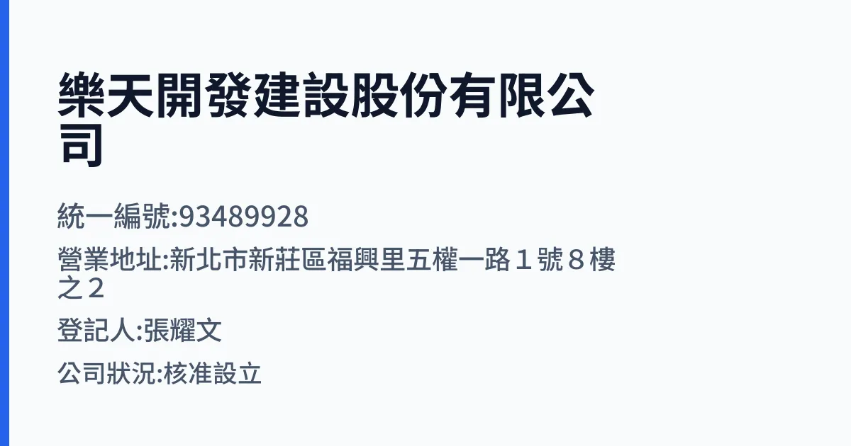 樂天開發建設股份有限公司 - 統編 93489928(新北市) 公司登記資料與營業項目詳細圖表