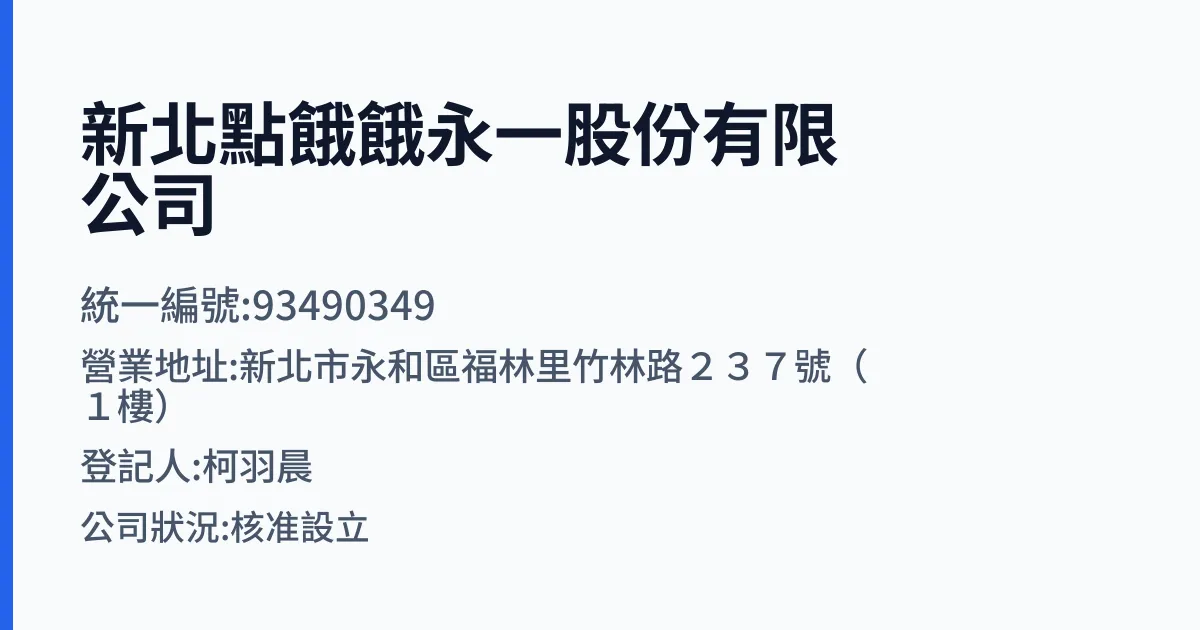 新北點餓餓永一股份有限公司 - 統編 93490349(新北市) 公司登記資料與營業項目詳細圖表