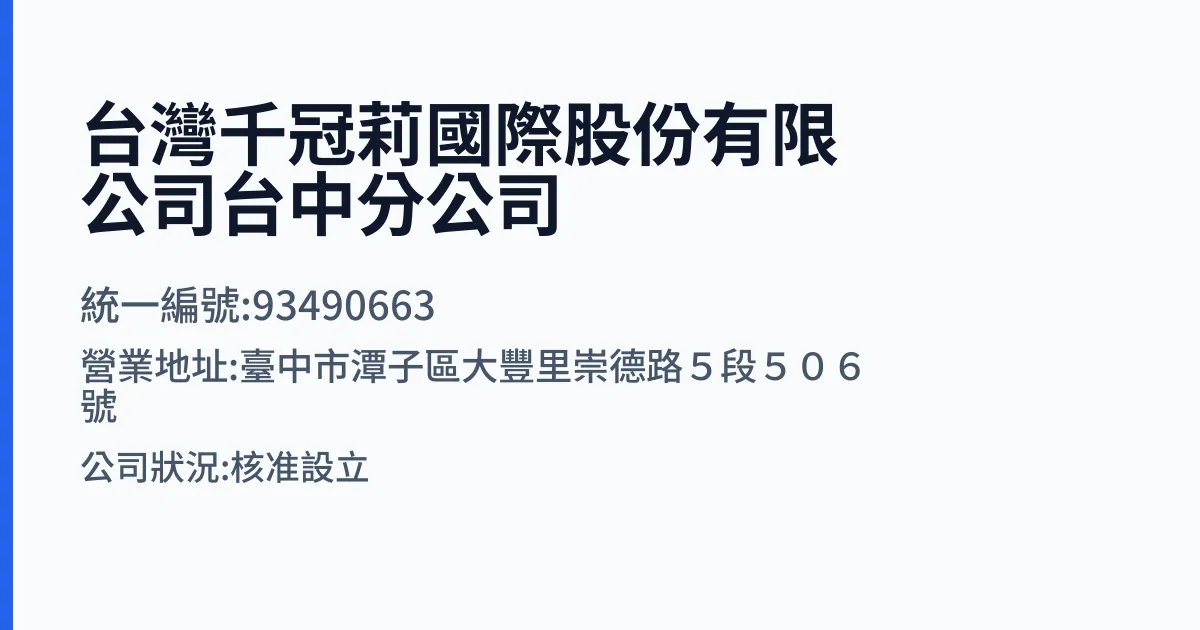 台灣千冠莉國際股份有限公司台中分公司 - 統編 93490663(臺中市) 公司登記資料與營業項目詳細圖表