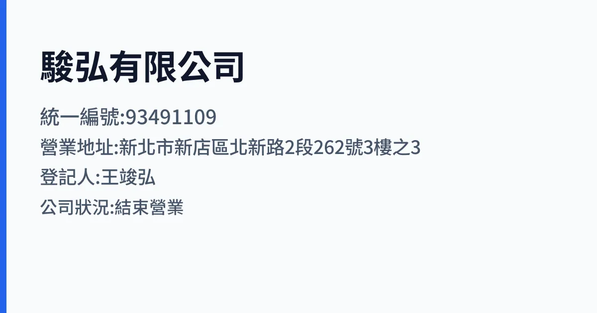 駿弘有限公司 - 統編 93491109(新北市) 公司登記資料與營業項目詳細圖表