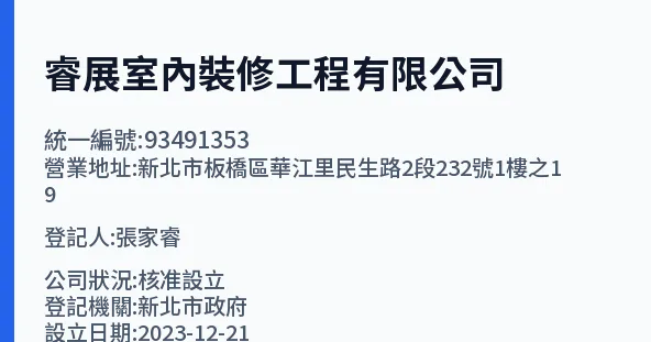 睿展室內裝修工程有限公司的照片-統編 93491353(新北市) 公司登記資料與營業項目詳細圖表