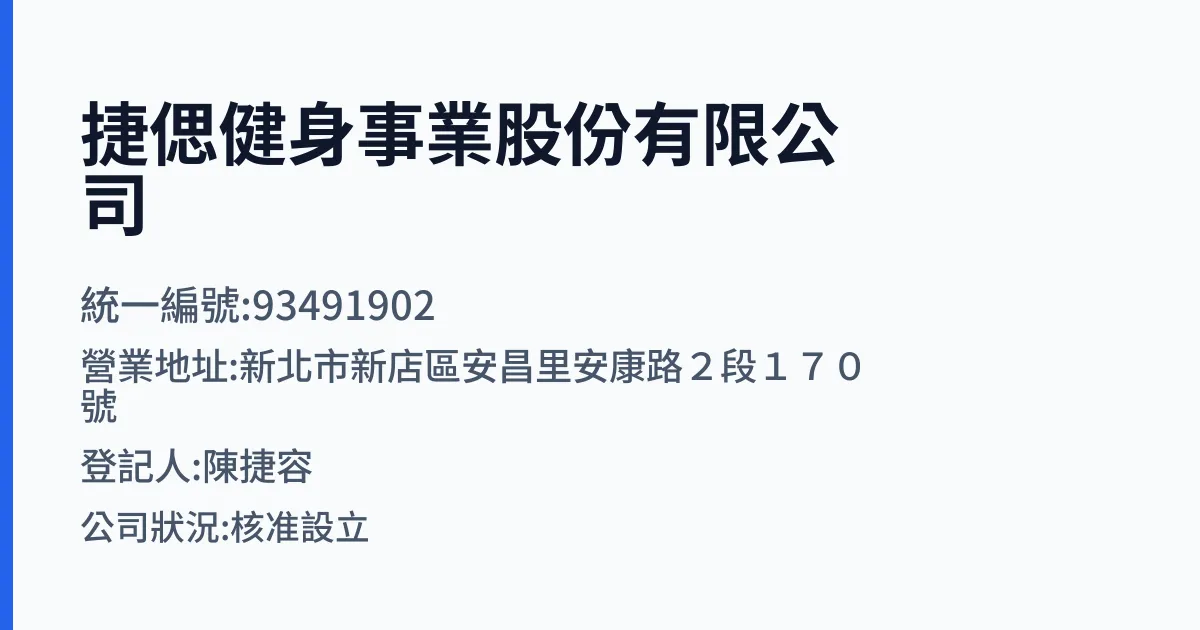 捷偲健身事業股份有限公司 - 統編 93491902(新北市) 公司登記資料與營業項目詳細圖表