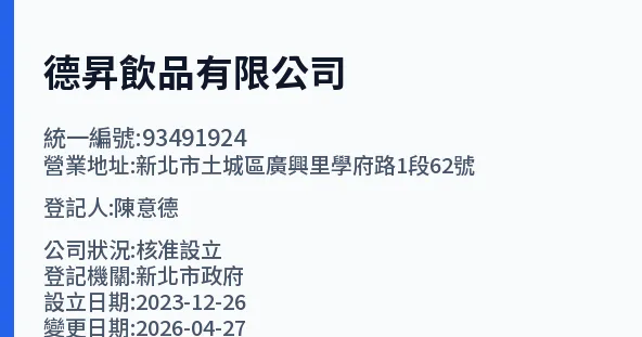 德昇飲品有限公司的照片-統編 93491924(新北市) 公司登記資料與營業項目詳細圖表