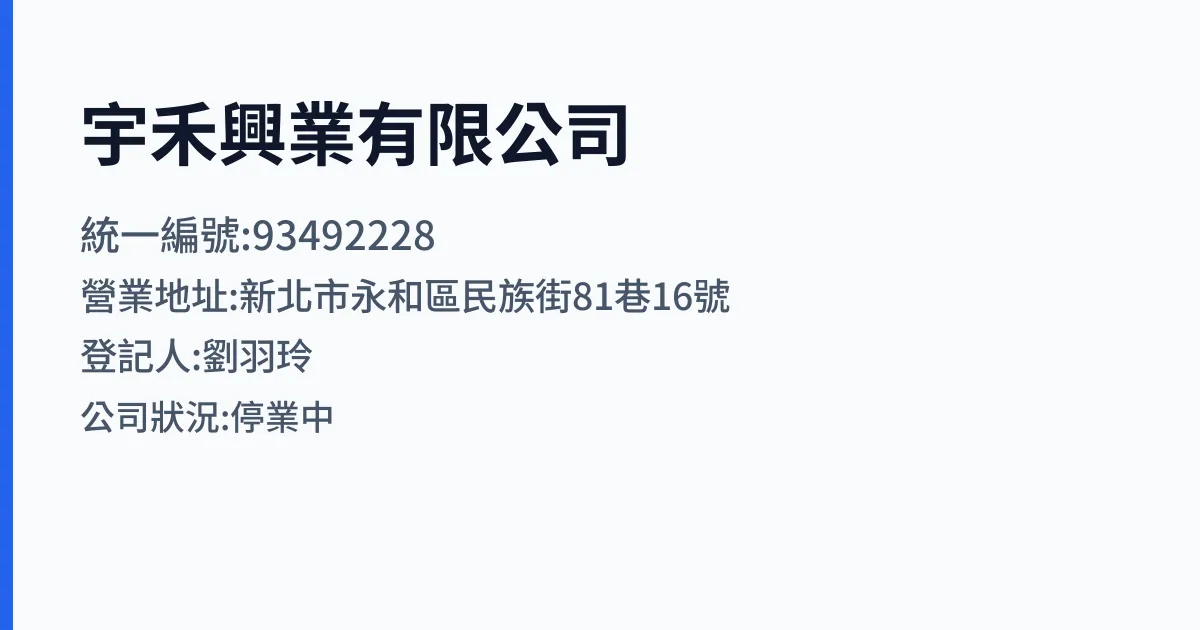 宇禾興業有限公司 - 統編 93492228(新北市) 公司登記資料與營業項目詳細圖表