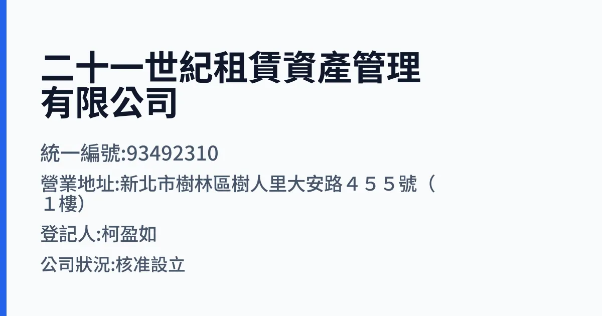 二十一世紀租賃資產管理有限公司 - 統編 93492310(新北市) 公司登記資料與營業項目詳細圖表