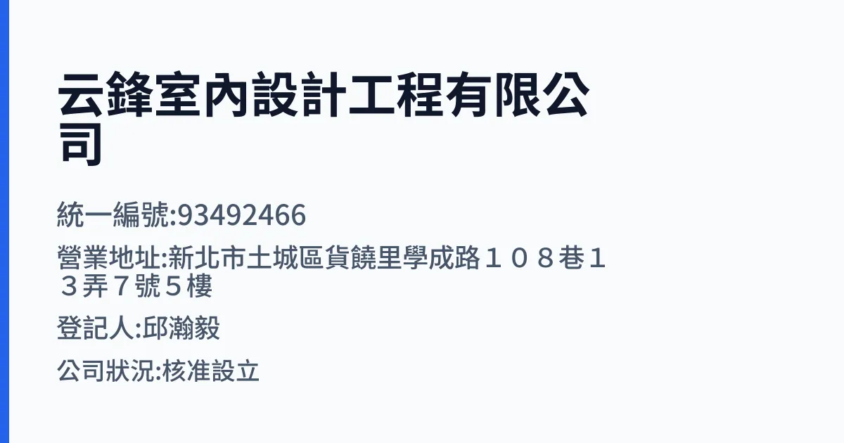 云鋒室內設計工程有限公司 - 統編 93492466(新北市) 公司登記資料與營業項目詳細圖表