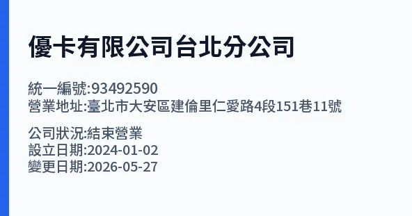 優卡有限公司台北分公司的照片-統編 93492590(臺北市) 公司登記資料與營業項目詳細圖表