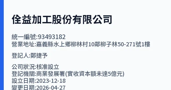 佺益加工股份有限公司的照片-統編 93493182(嘉義縣) 公司登記資料與營業項目詳細圖表