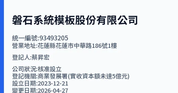 磐石系統模板股份有限公司的照片-統編 93493205(花蓮縣) 公司登記資料與營業項目詳細圖表