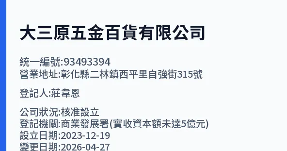 大三原五金百貨有限公司的照片-統編 93493394(彰化縣) 公司登記資料與營業項目詳細圖表