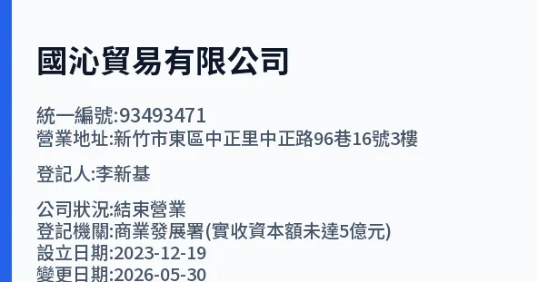 國沁貿易有限公司的照片-統編 93493471(新竹市) 公司登記資料與營業項目詳細圖表